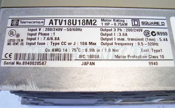 Telemecanique ATV18U18M2 Frequenzumformer Altivar-18 0.75kw 240vac ...